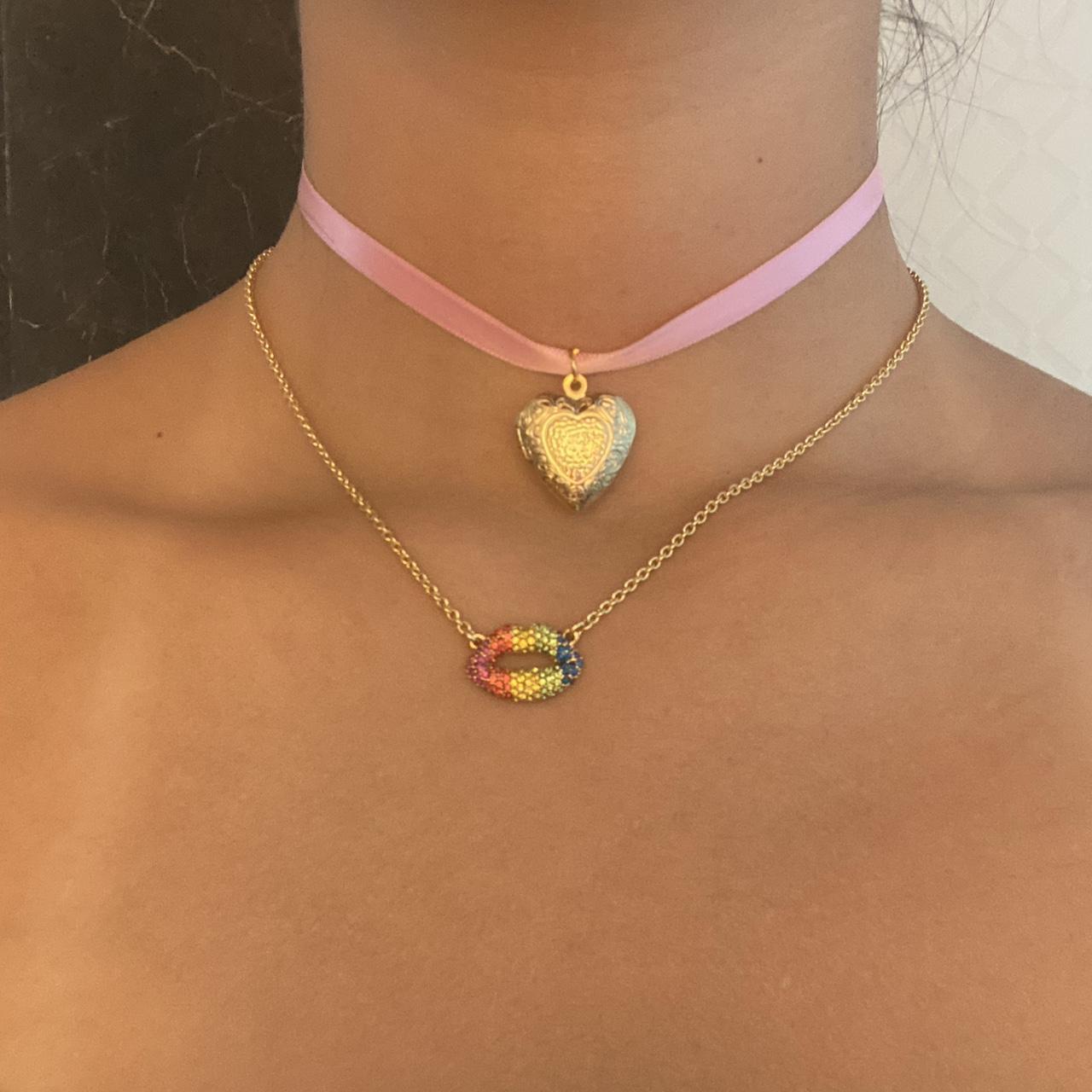 PINK RIBBON COQUETTE GOLD HEART LOCKET CHOKER... - Depop