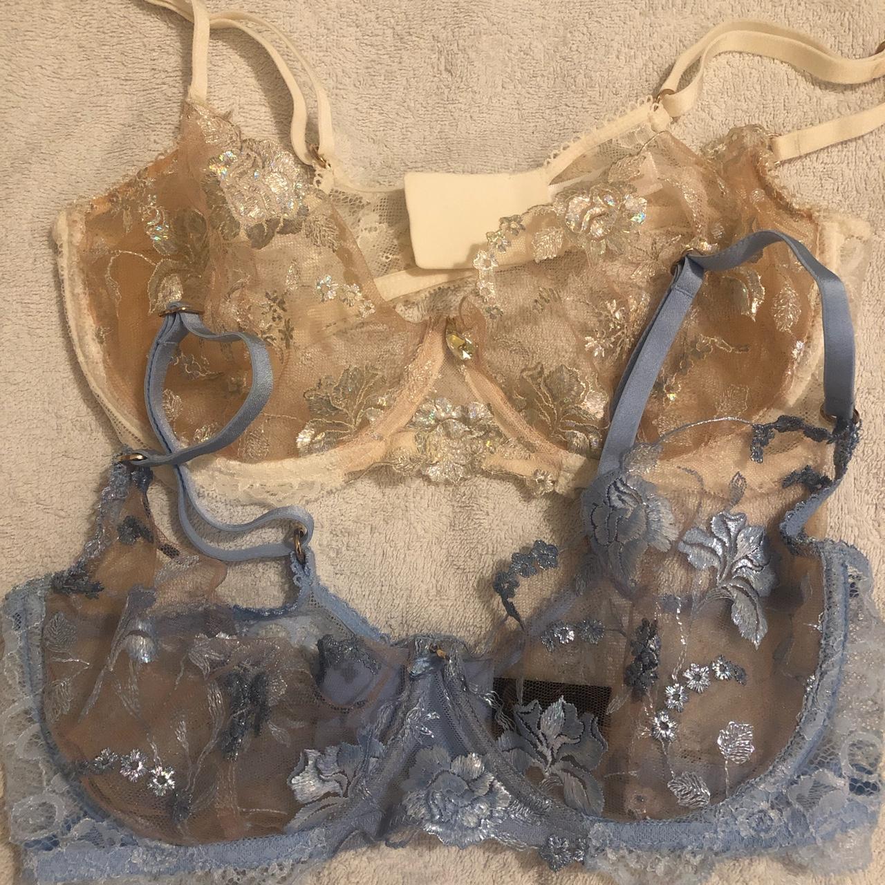 Honey Birdette Women's Cream and Blue Bra | Depop