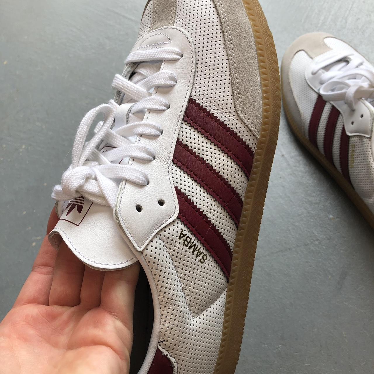 Adidas Men's White and Burgundy Trainers | Depop