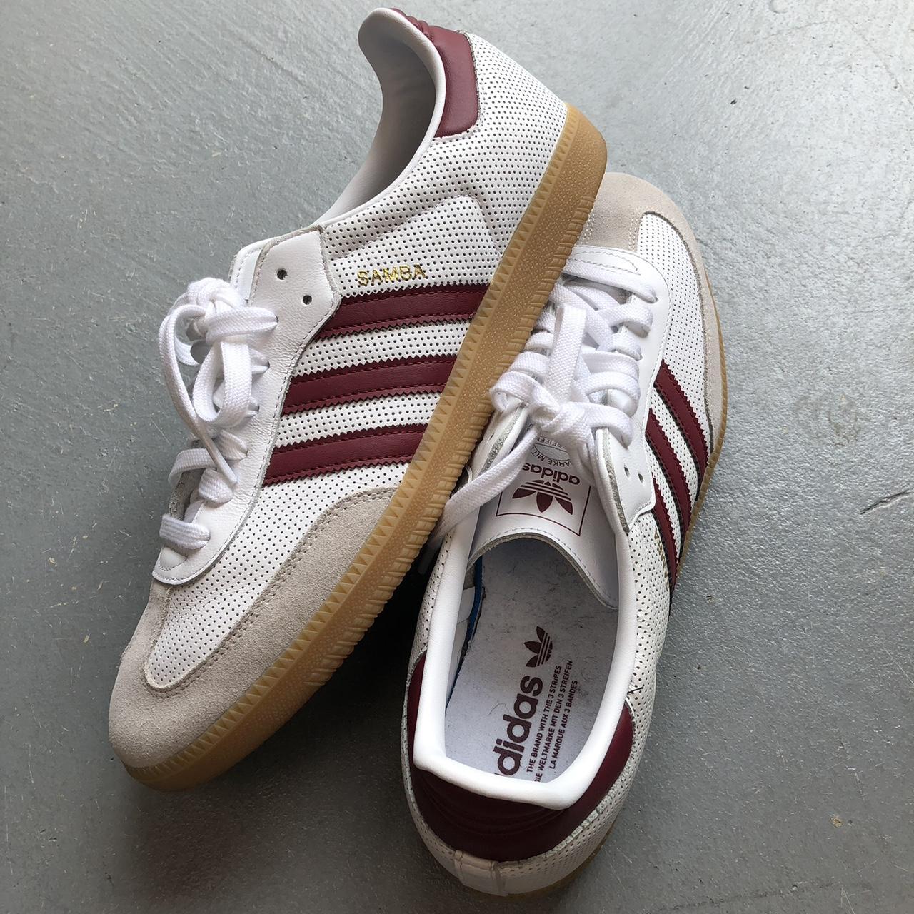 Adidas Men's White and Burgundy Trainers | Depop