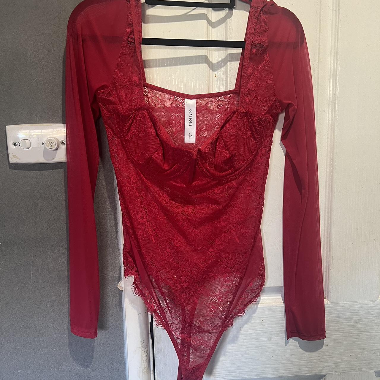 Glassons red lace body suit size 12 Never worn... - Depop