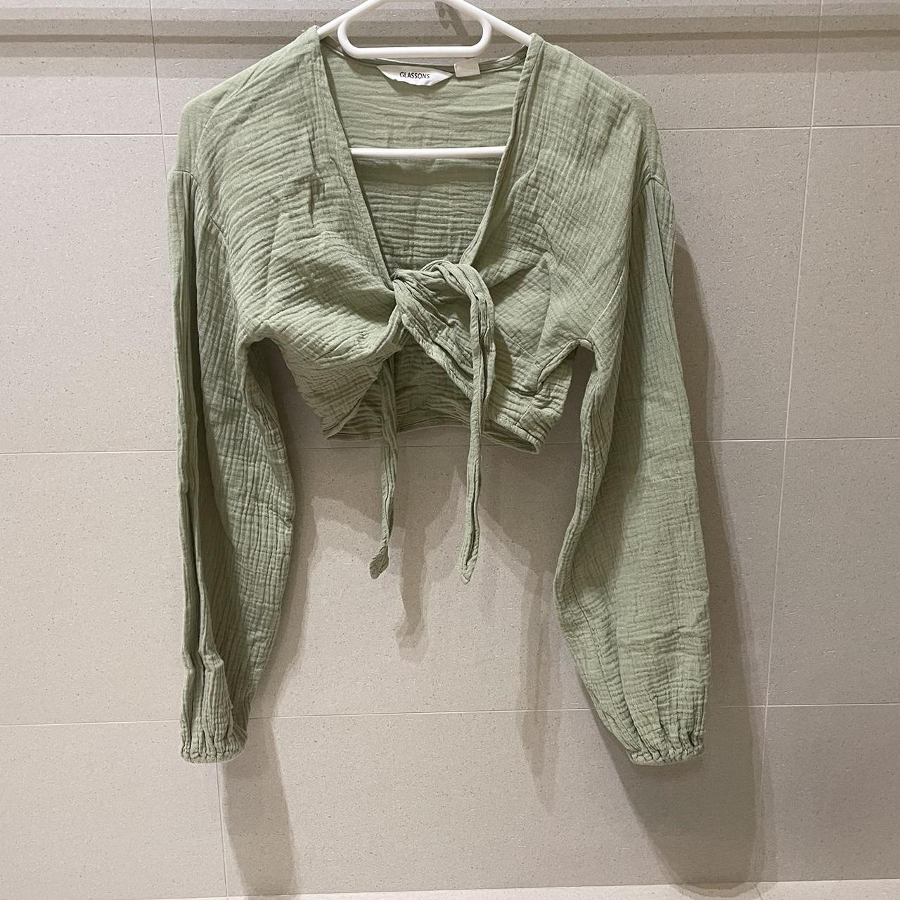 GLASSONS front tie top in sage green in a linen... - Depop