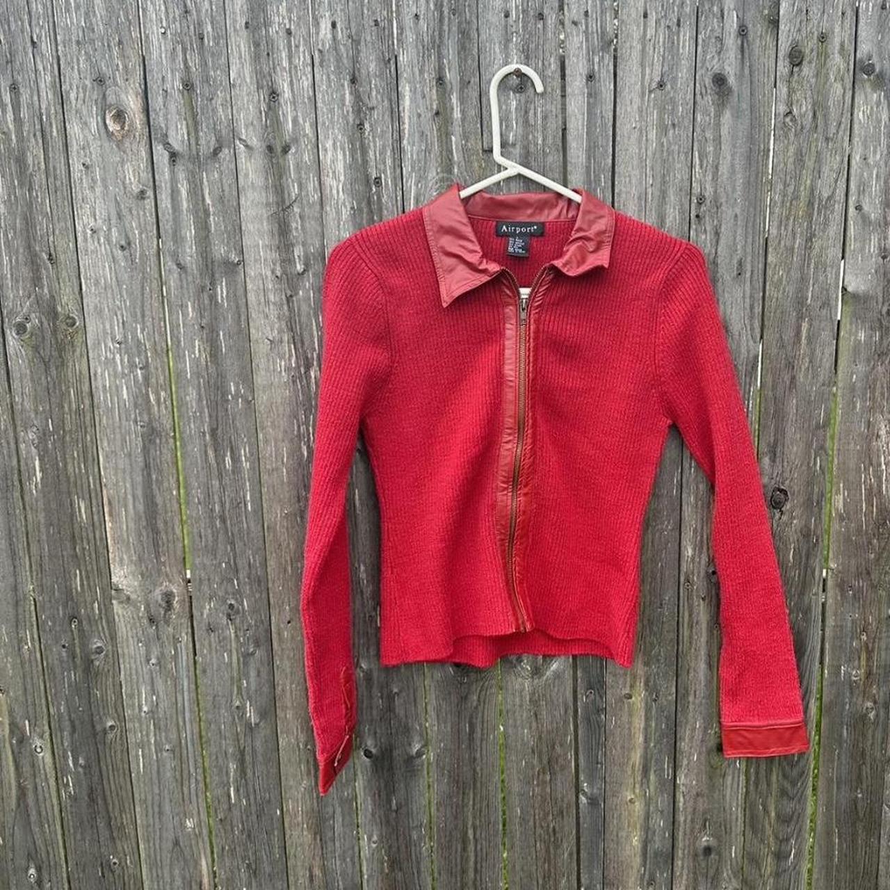 Vintage red knit leather trimmed zip up sweater.... - Depop