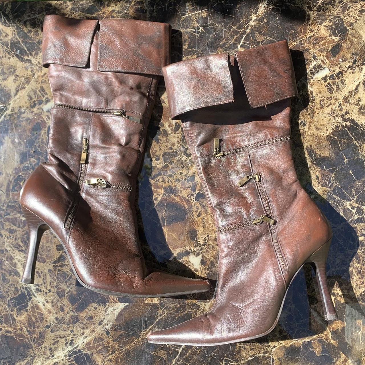 Ultimate y2k brown heeled leather boots - in great... - Depop