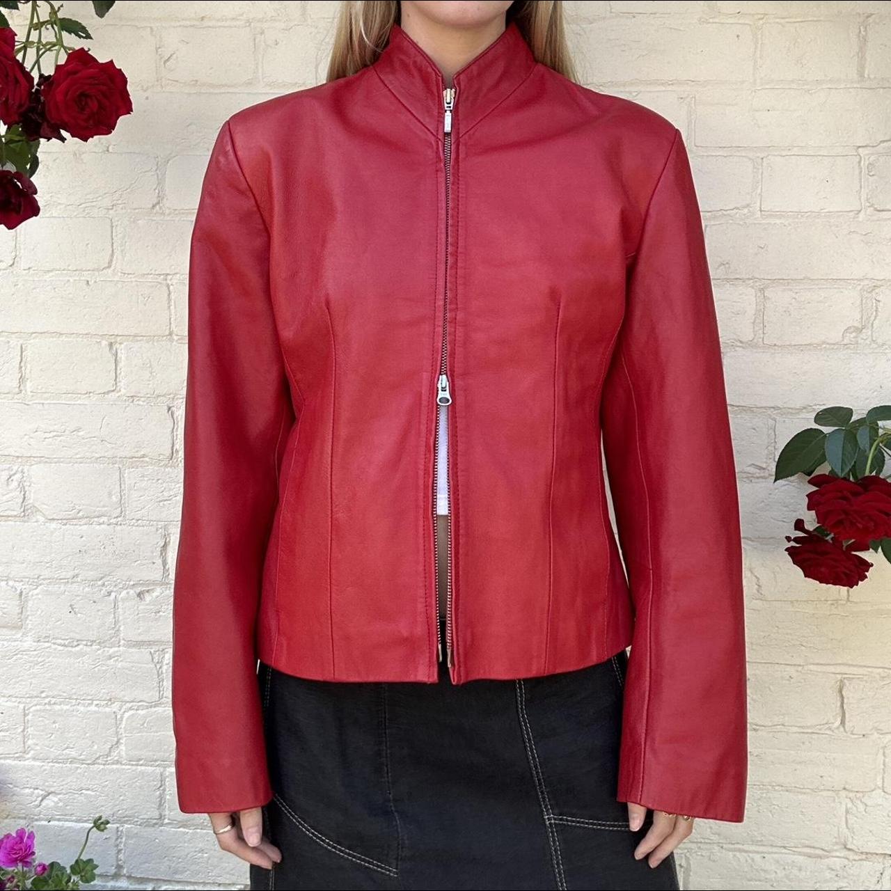 Vintage Y2k red genuine leather jacket - dual zipper... - Depop