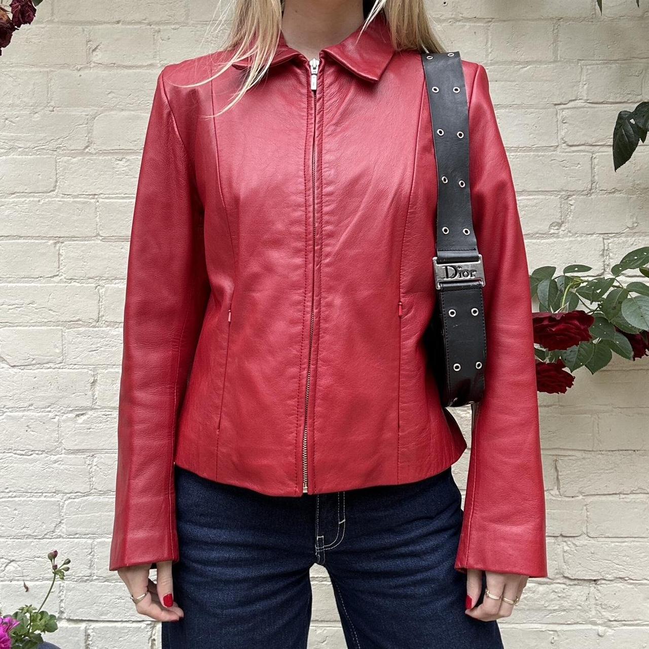 Vintage red leather jacket - zip up - genuine soft... - Depop