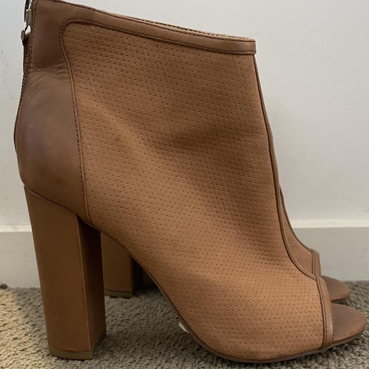 Tan and brown leather peep toe boots - Depop