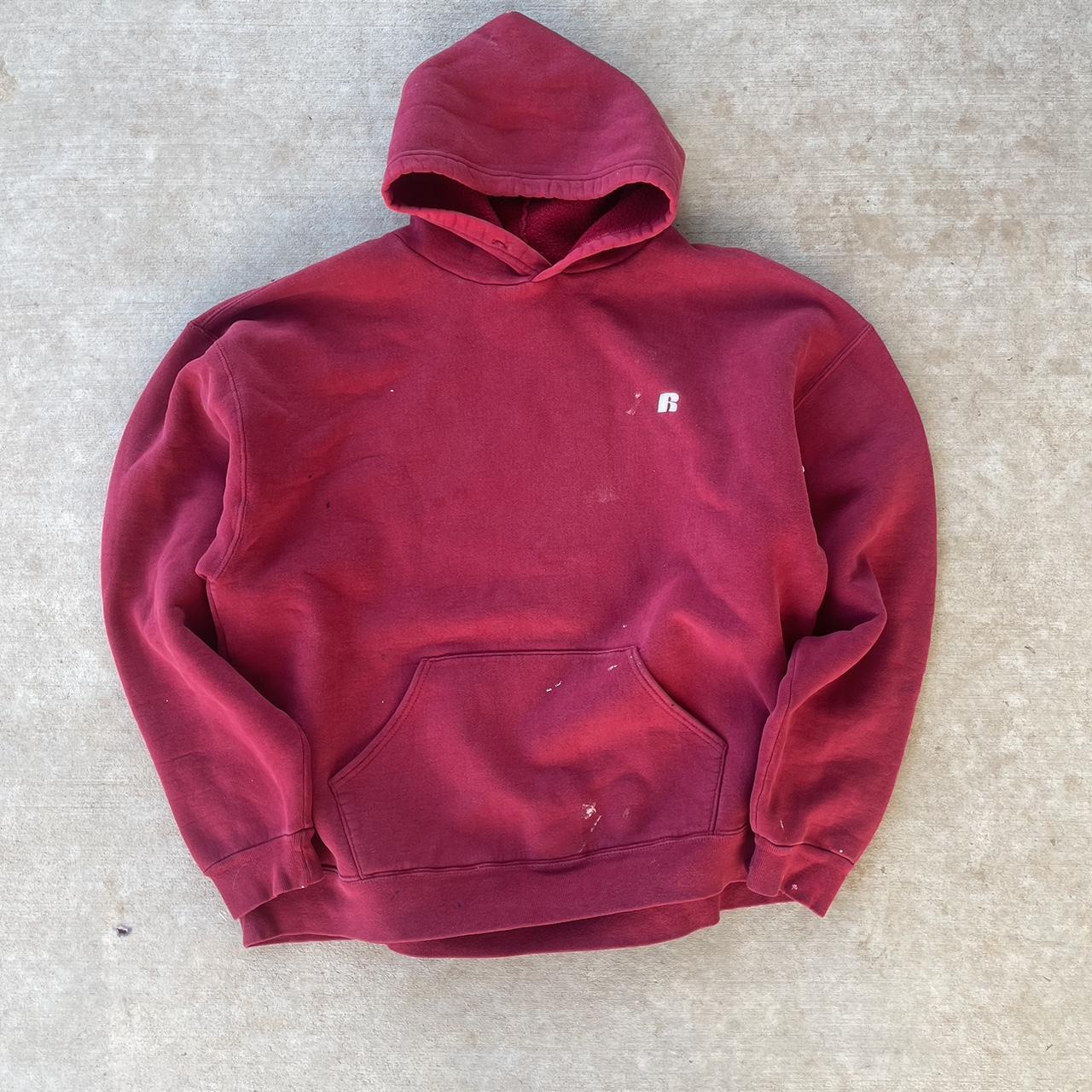 90s russell blank red hoodie tagged L fits tts... - Depop