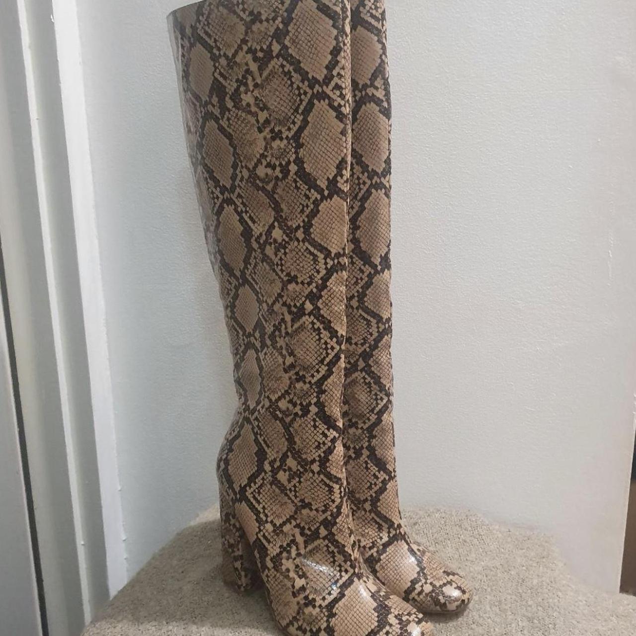 Square toe snake print knee boots - Depop