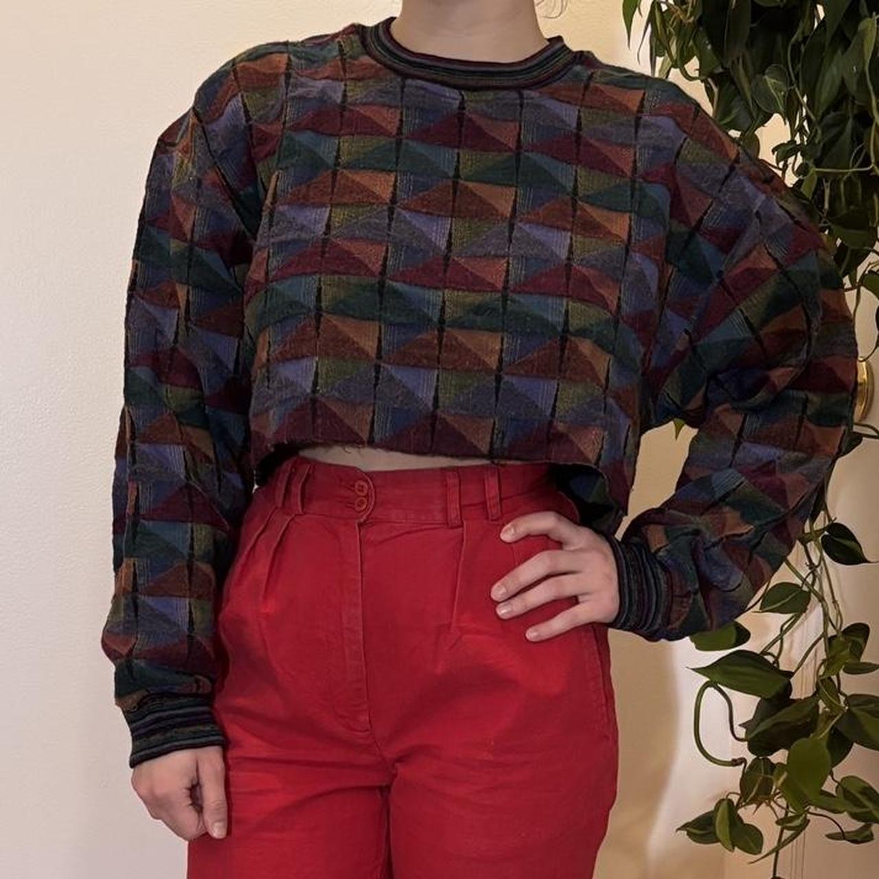 80s cropped vintage geometric pattern sweater Raw... - Depop