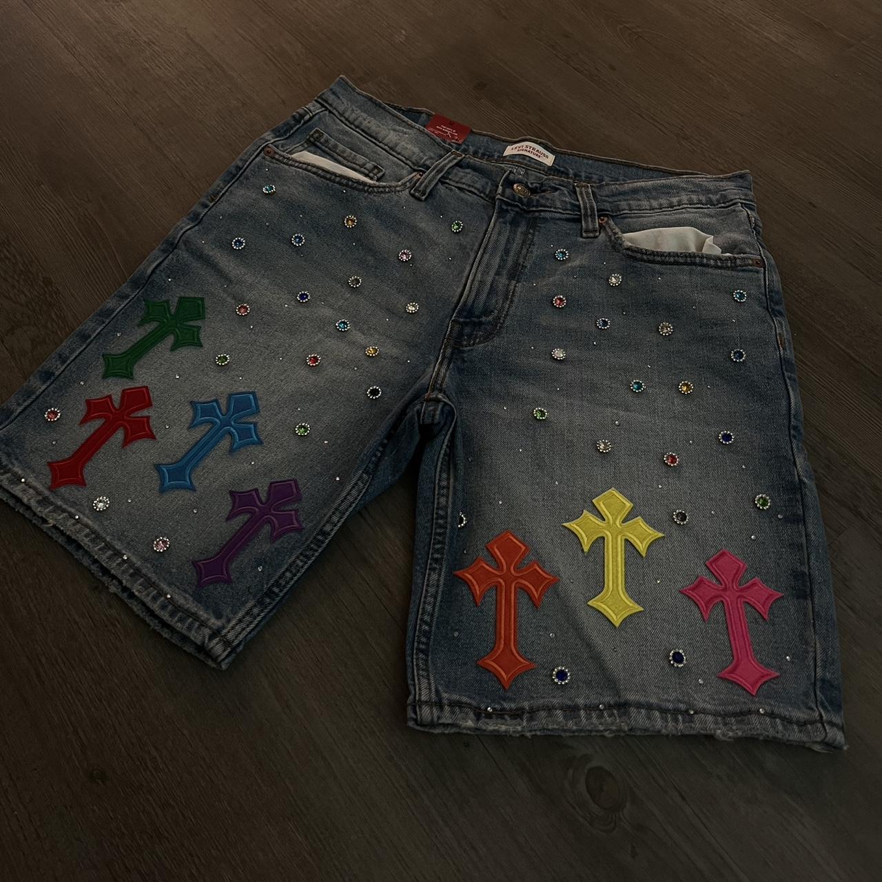 Rhinestone jorts with patches custom made to order,... | Depop