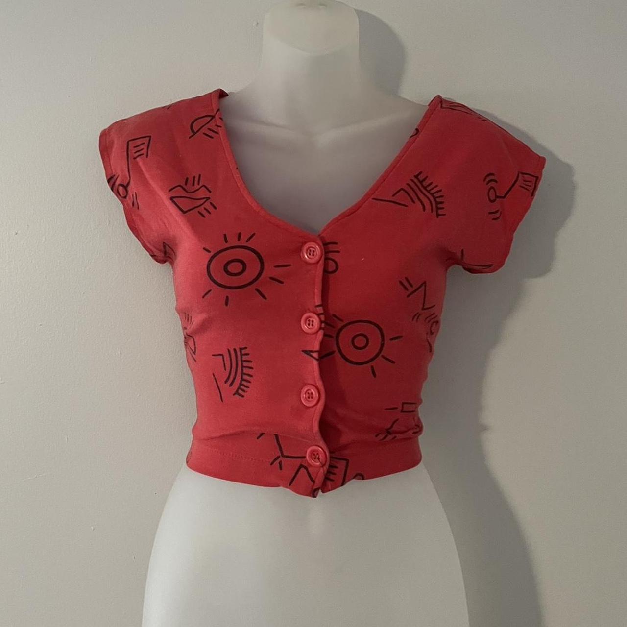 vintage 80’s “currants” red v neck shirt with... - Depop