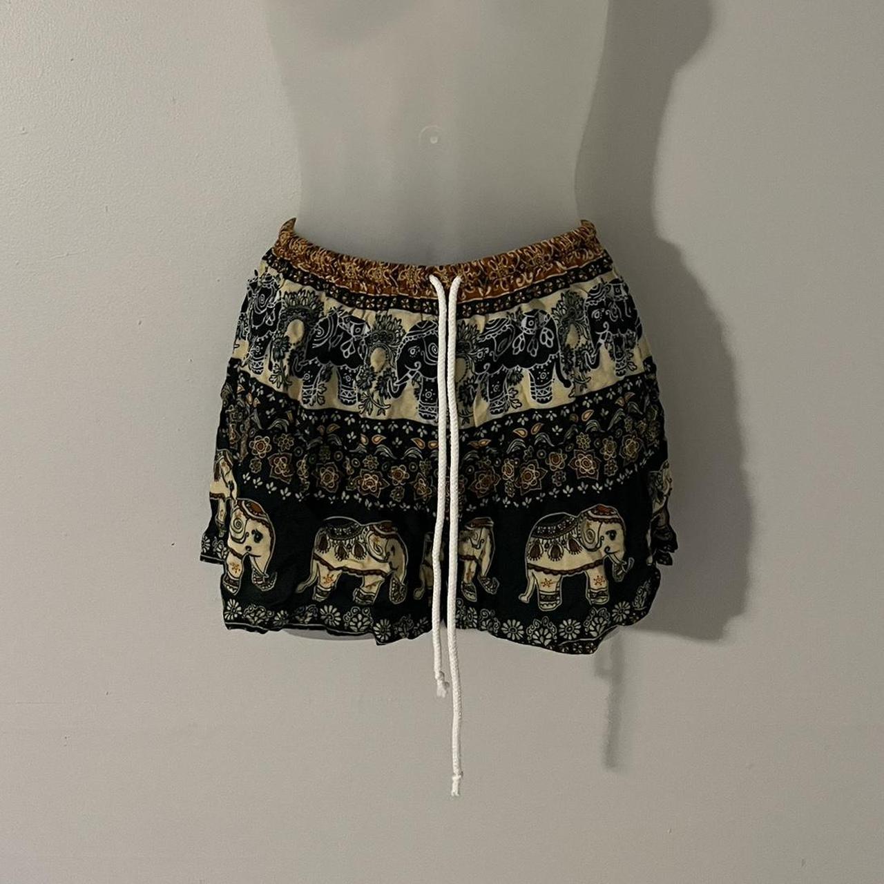 patterned colorful elephant draw string shorts size... - Depop