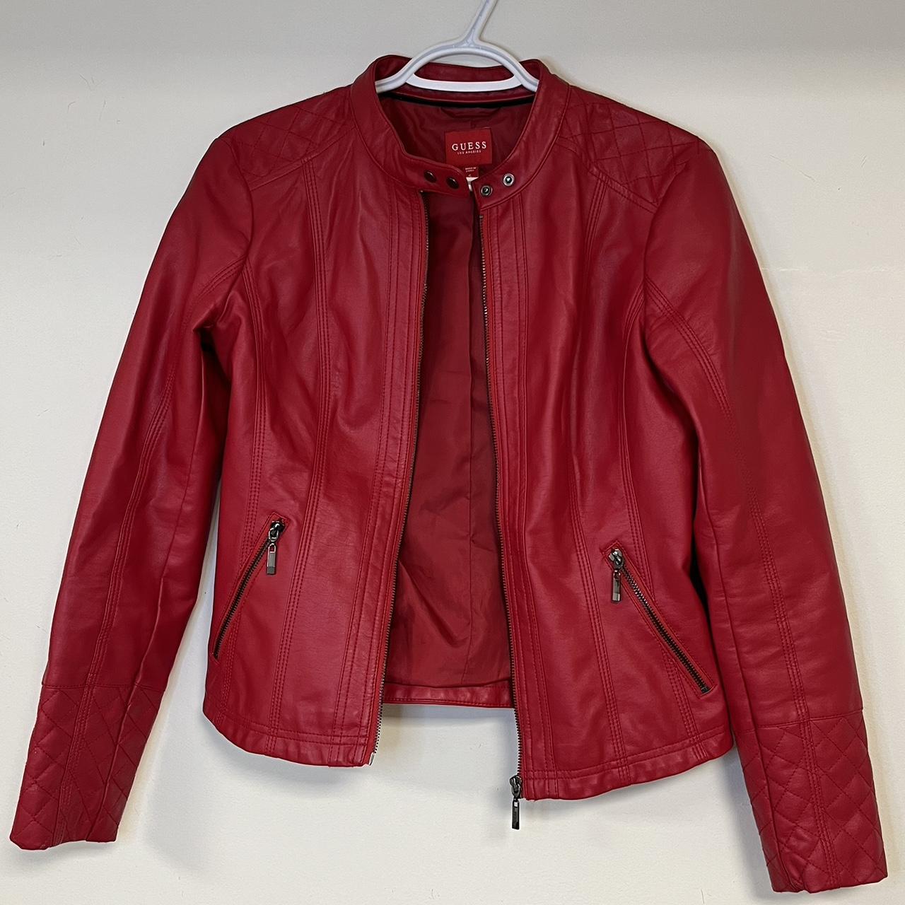 Guess red leather jacket- size small-medium - Depop