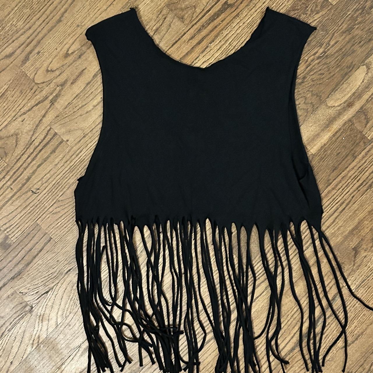 Black hand fringed crop top “Feral” size XL #goth... | Depop