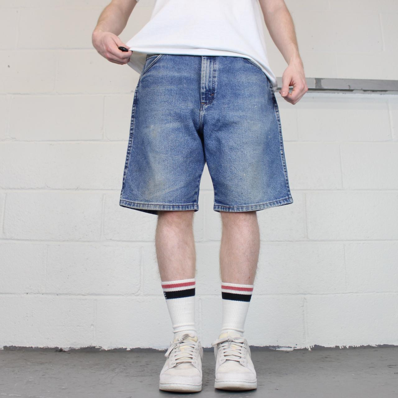 Blue carpenter jorts Loose Wrangler rap skate cargo... - Depop