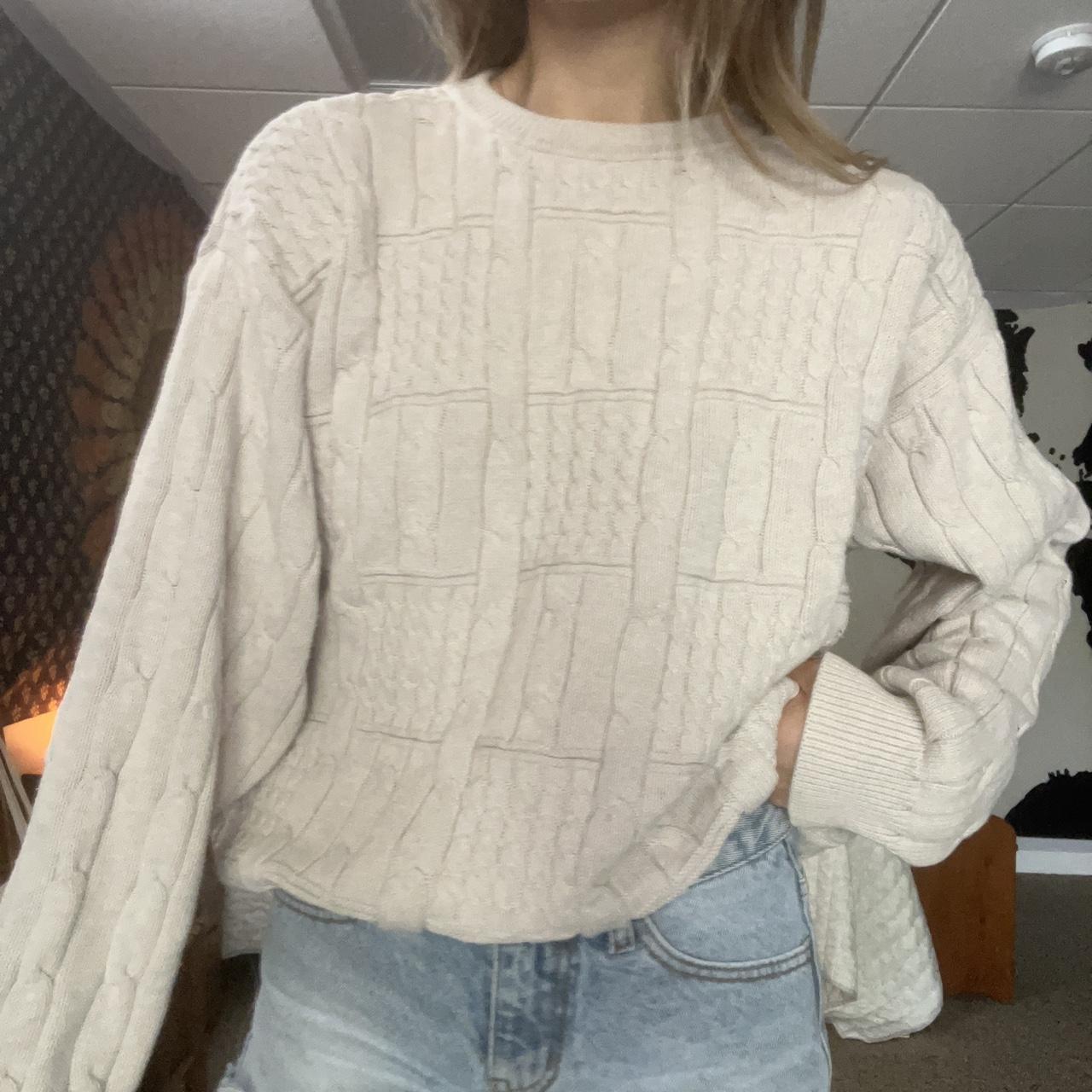 vintage cream / oatmeal colored cable knit sweater a... - Depop