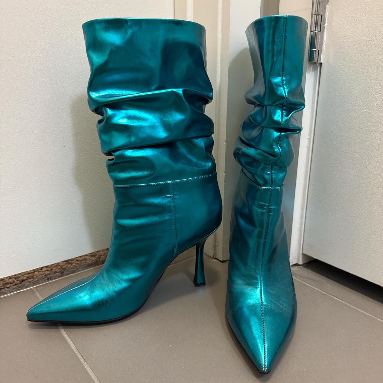 Jeffrey Campbell teal metallic krinkle boots #teal... | Depop