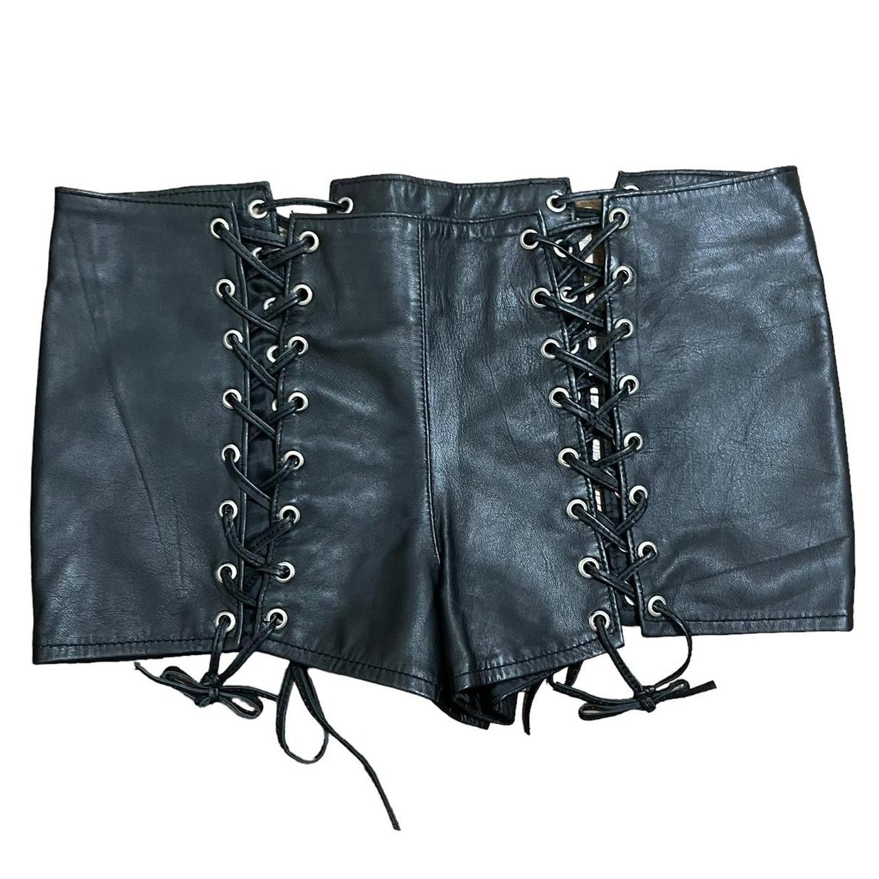Black lace up real leather mini shorts Great... - Depop
