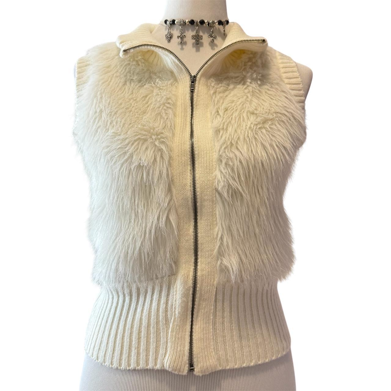 Bongo Y2K white snow bunny fur trim sleeveless vest... | Depop