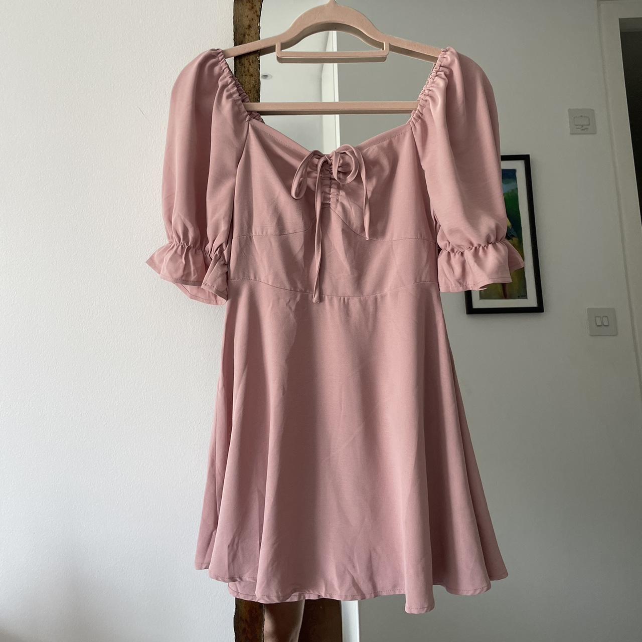 Pink Shein summer dress with puff sleeves and ruched... - Depop