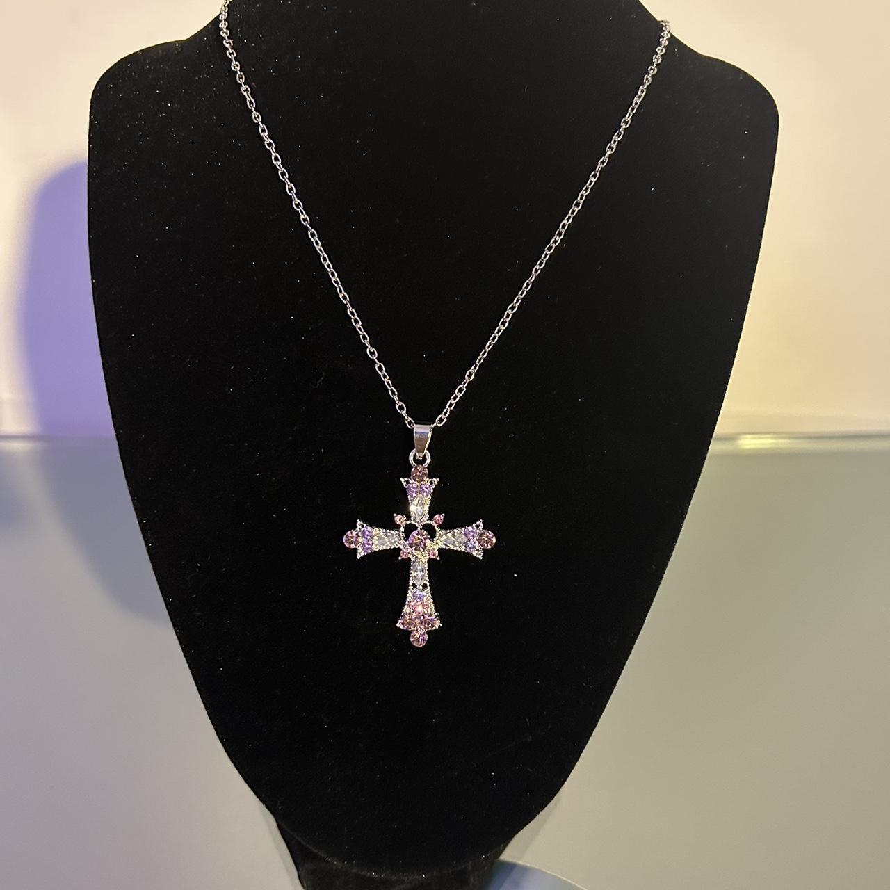 Y2K Multi-Color Rhinestone Cross Necklace FREE... - Depop
