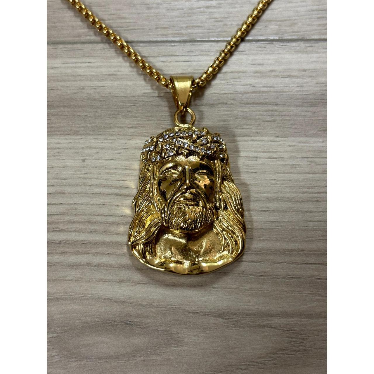 0295 - Golden Rhinestone Jesus Pendant FREE... | Depop