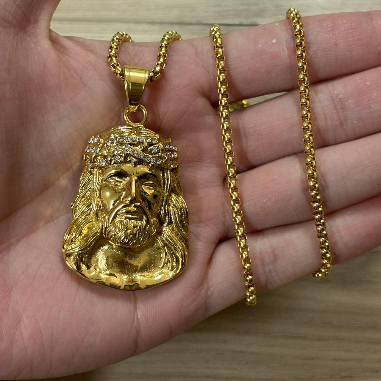 GB3b - Golden Rhinestone Jesus Pendant FREE... - Depop