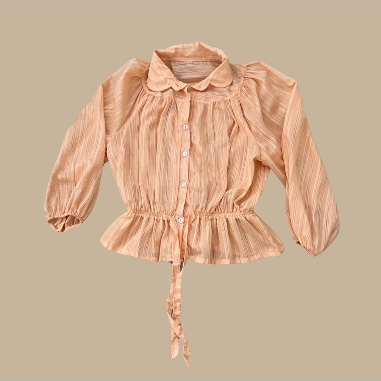 Vintage 1980s peach longsleeve button up blouse with... - Depop