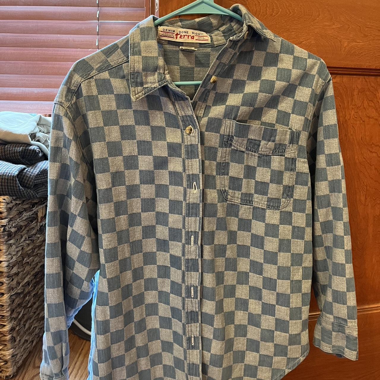 Cute Checkered Jean Vintage Button Down In great... - Depop