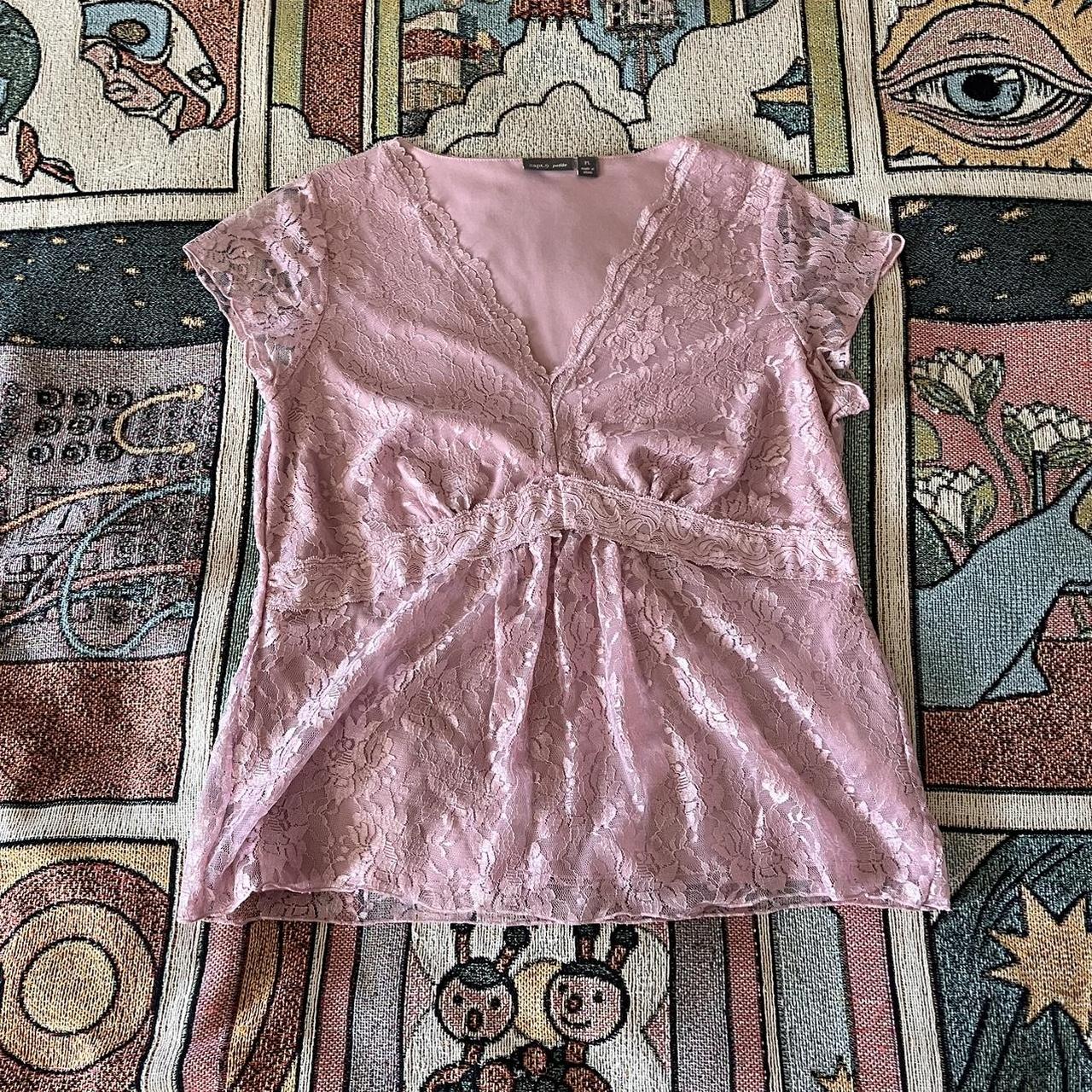 Lacy pink/lilac top, size petite large 17” p2p 22”... - Depop