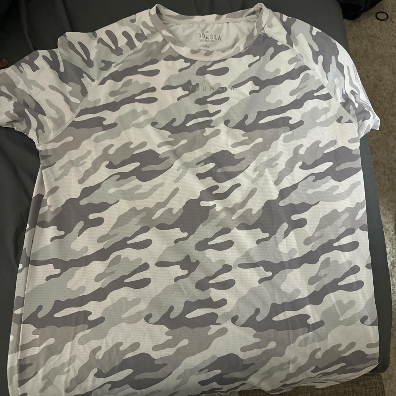 Grey and white camo graphic tee young la tee - Depop