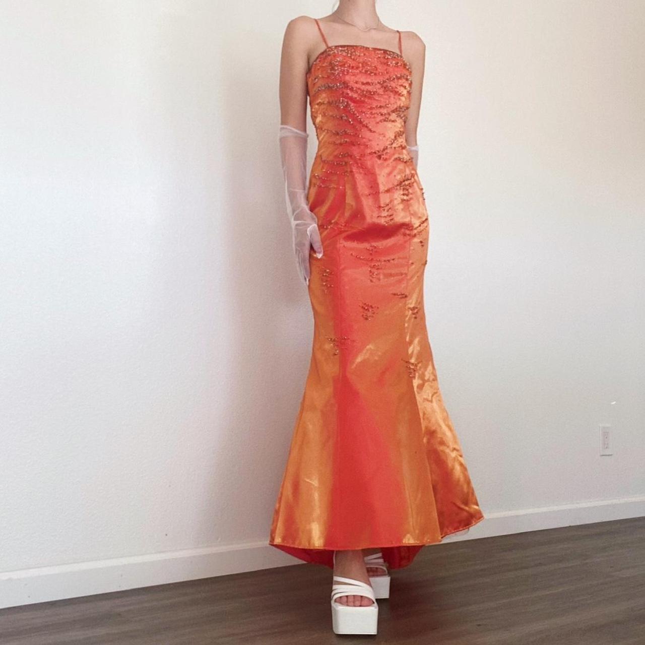 Y2K orange prom dress with beaded detailing!... - Depop
