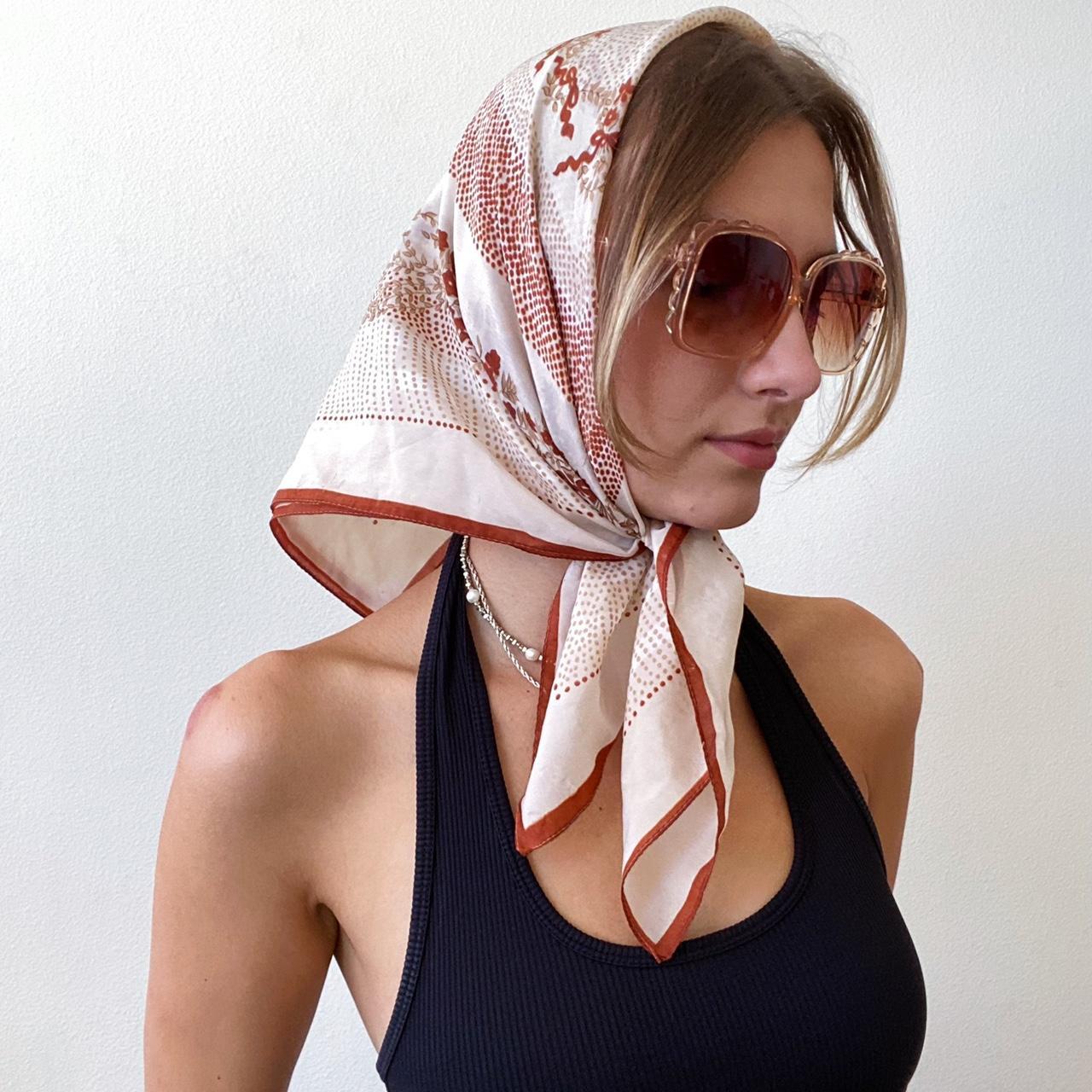 Vintage 70s scarf. head scarf. 1970s Red & Beige... - Depop