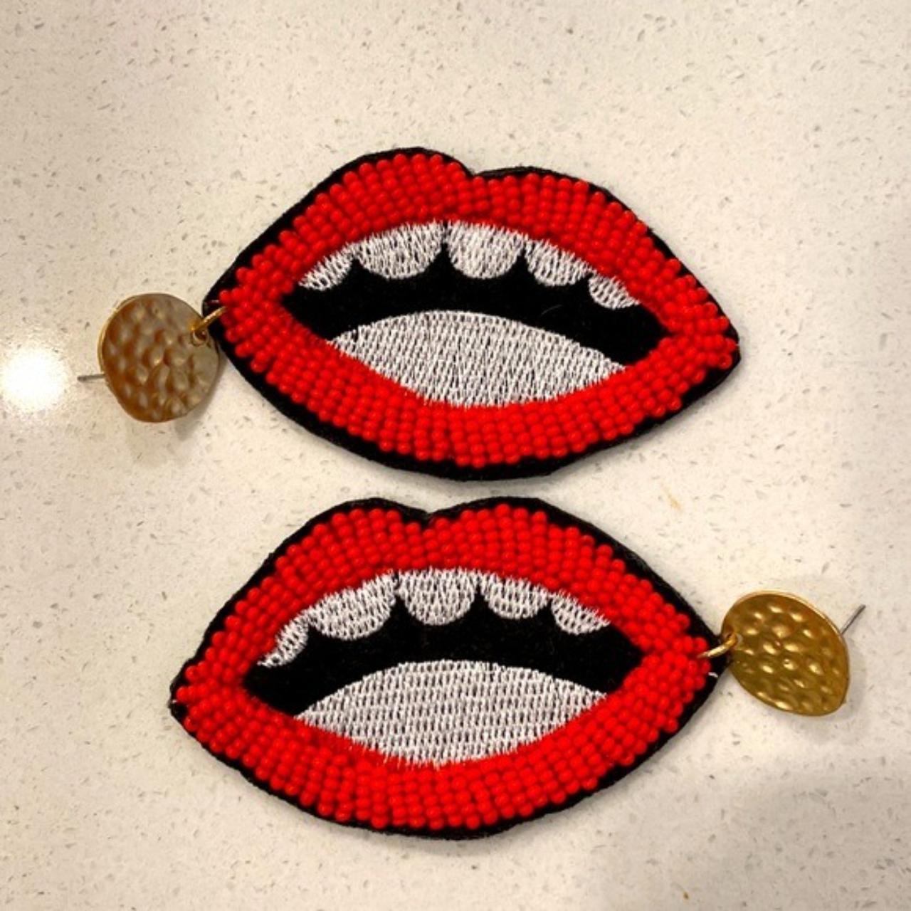 Red Bead Studded Lip Dangle Statement Earrings - Depop