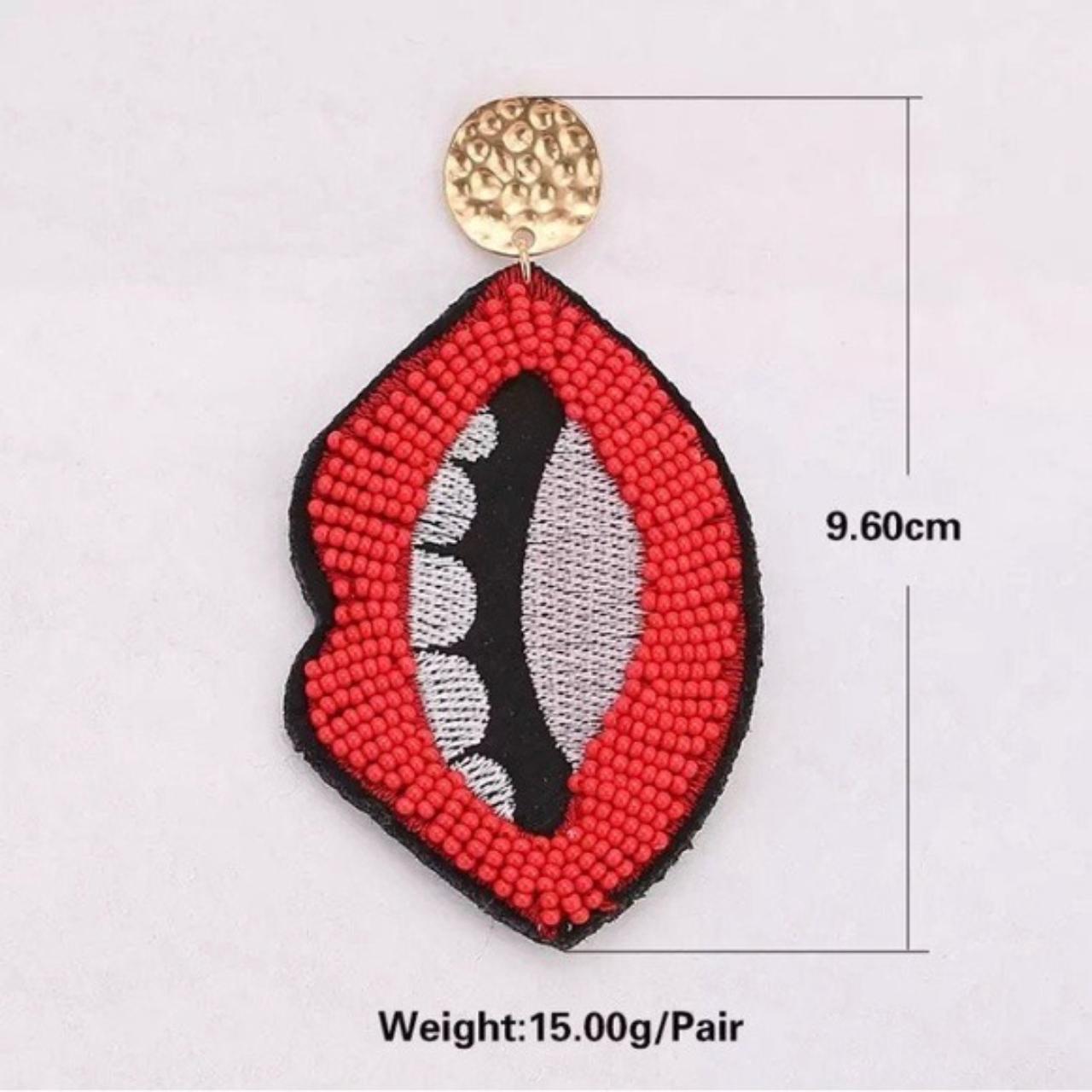 Red Bead Studded Lip Dangle Statement Earrings - Depop
