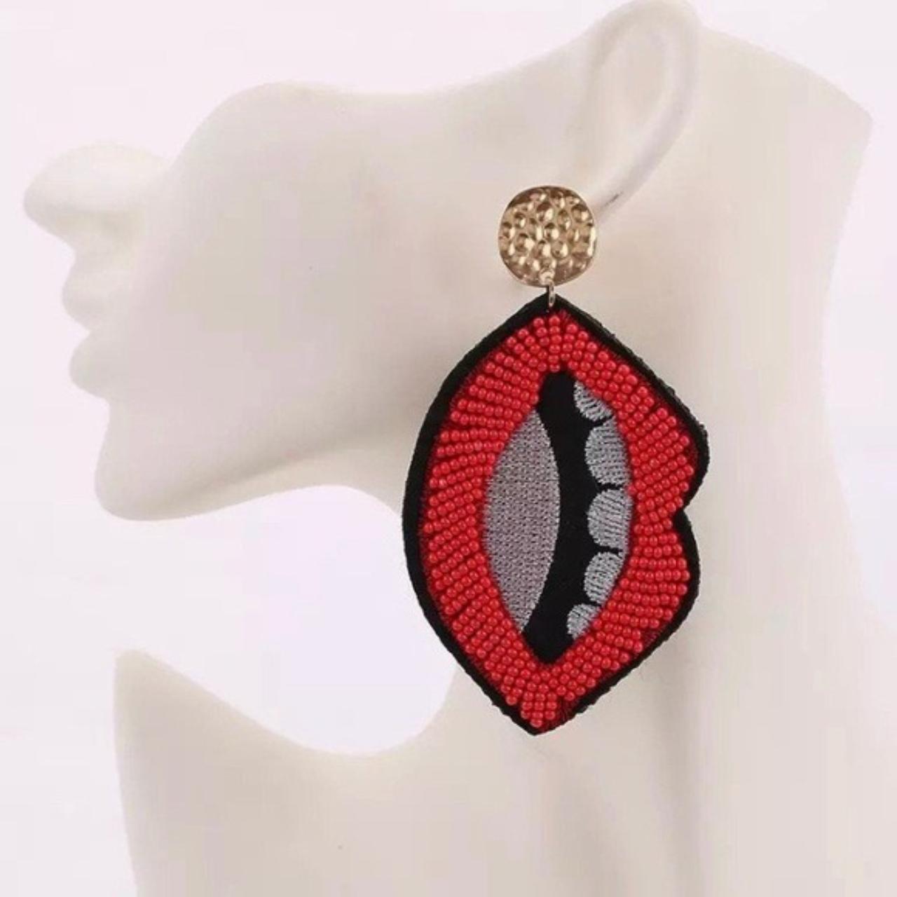 Red Bead Studded Lip Dangle Statement Earrings - Depop