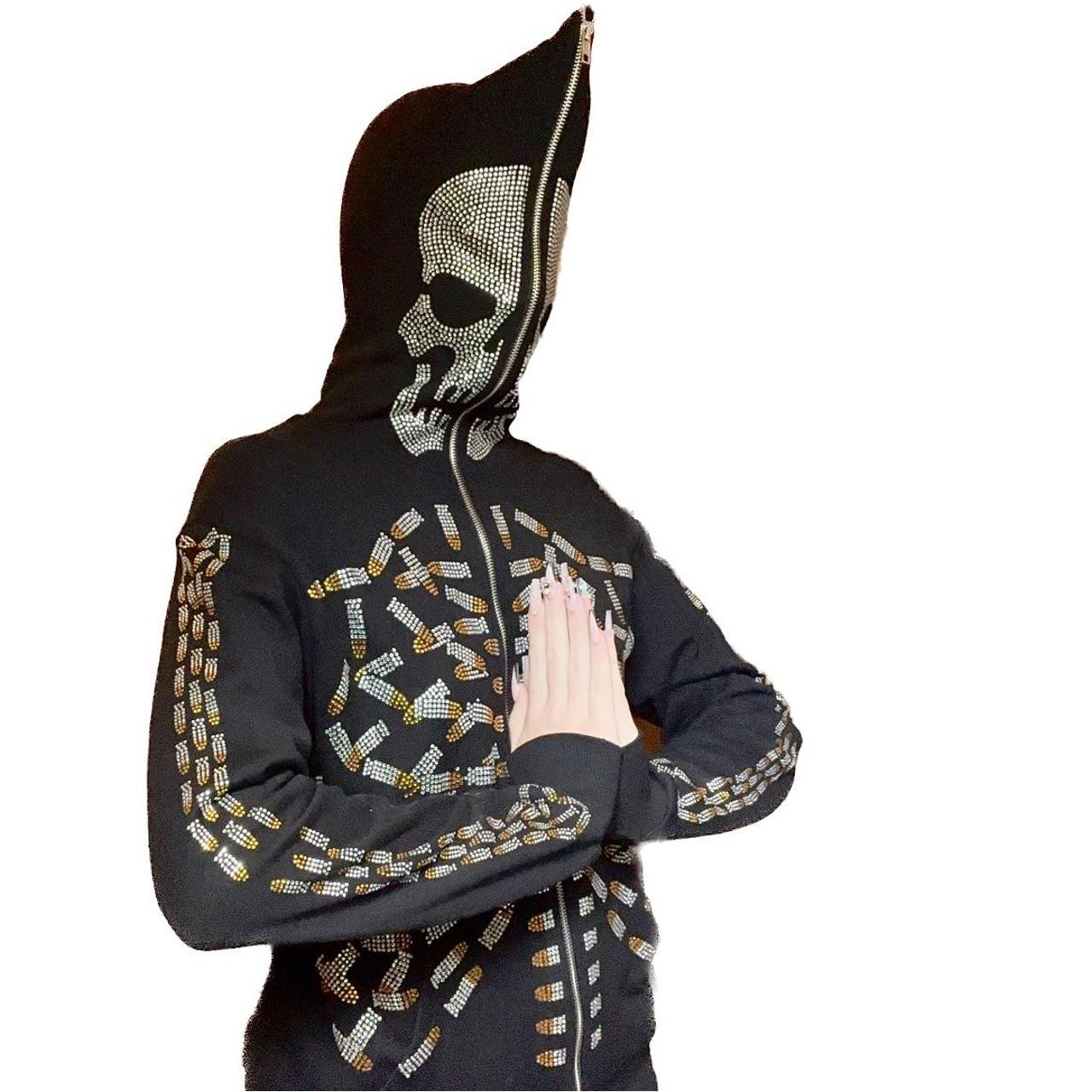 sparkly bedazzled bullet skeleton zip up🩻 • gold &... - Depop