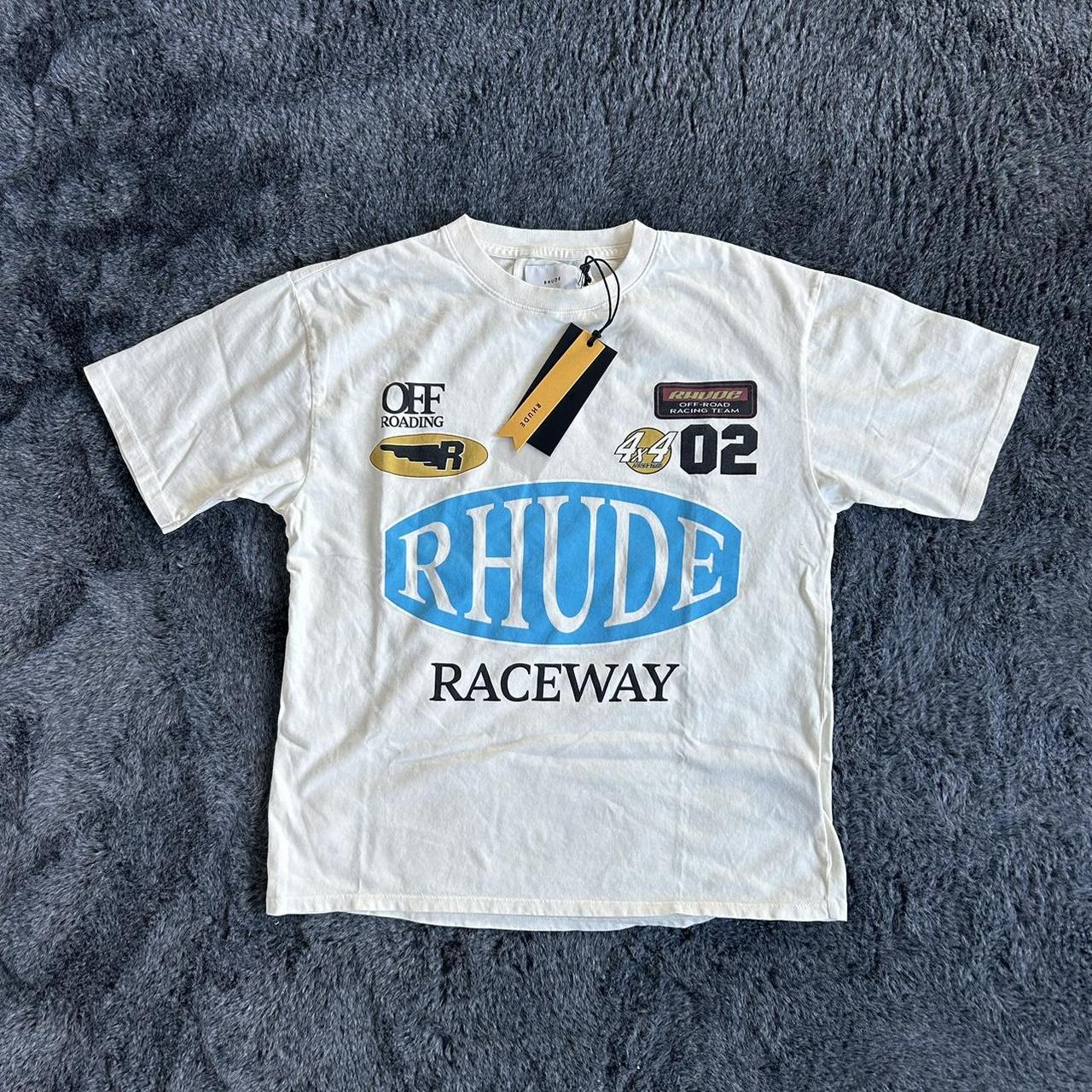 Rhude cream and blue raceway tshirt S available... - Depop