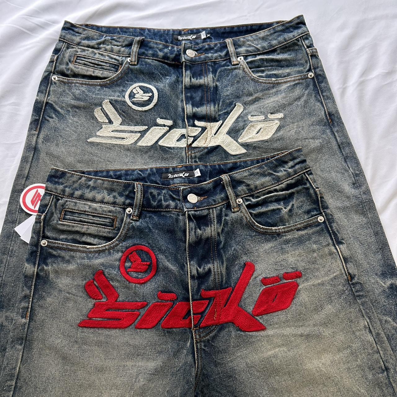 Sicko bornfrompain sicko chainstitch logo jeans Blue... - Depop