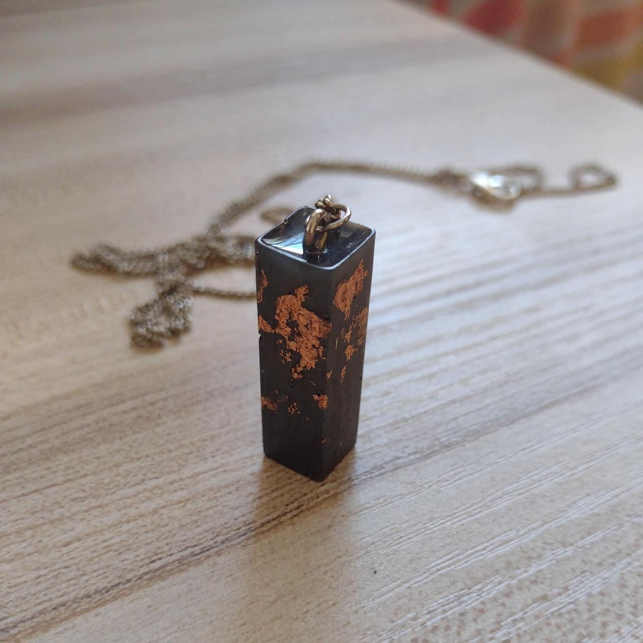 Dark grey and copper rectangular cuboid necklace... - Depop