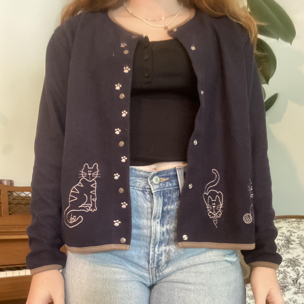 Adorable Navy Blue cat cardigan with snap buttons - Depop