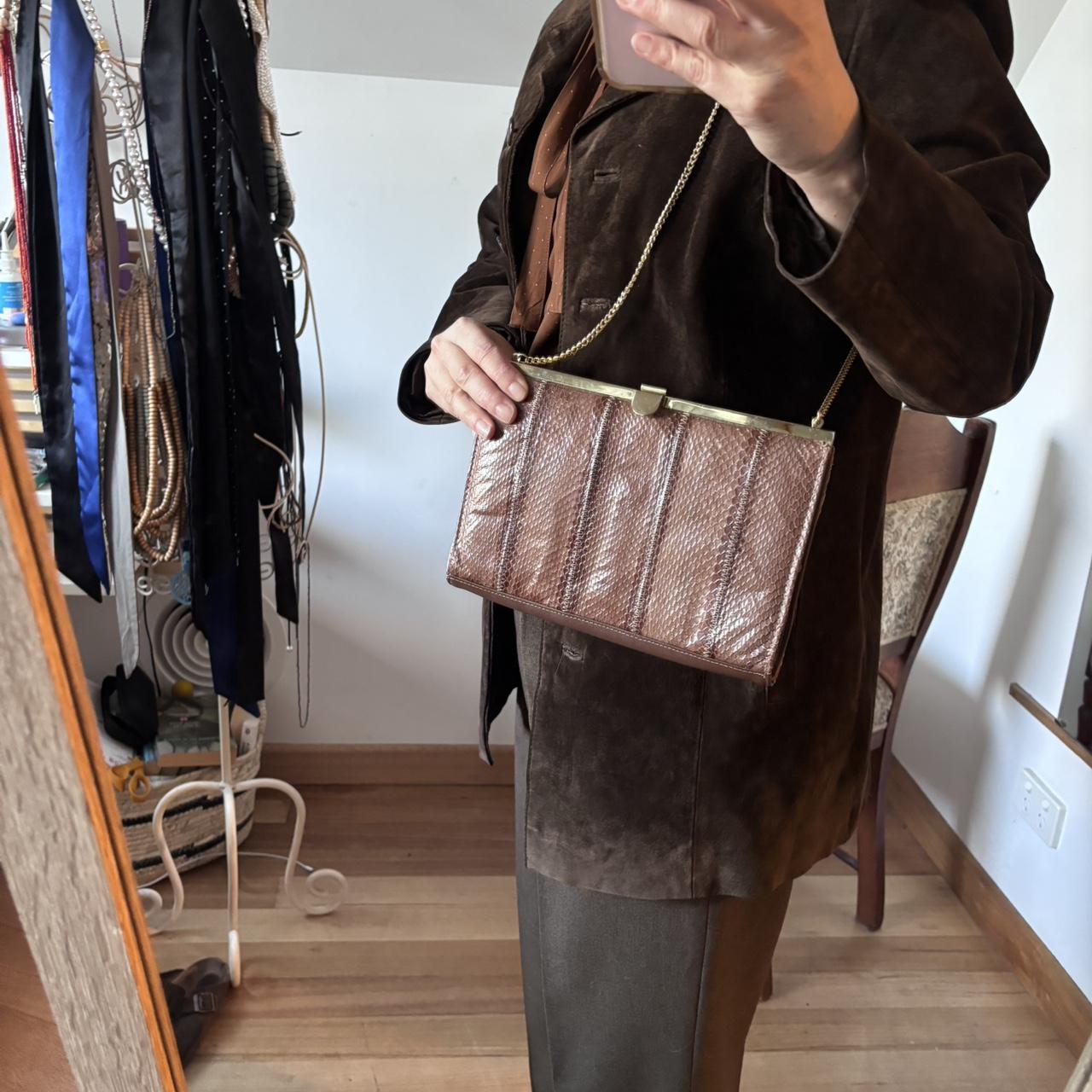 Brown and tan snakeskin look vintage clutch bag with... | Depop