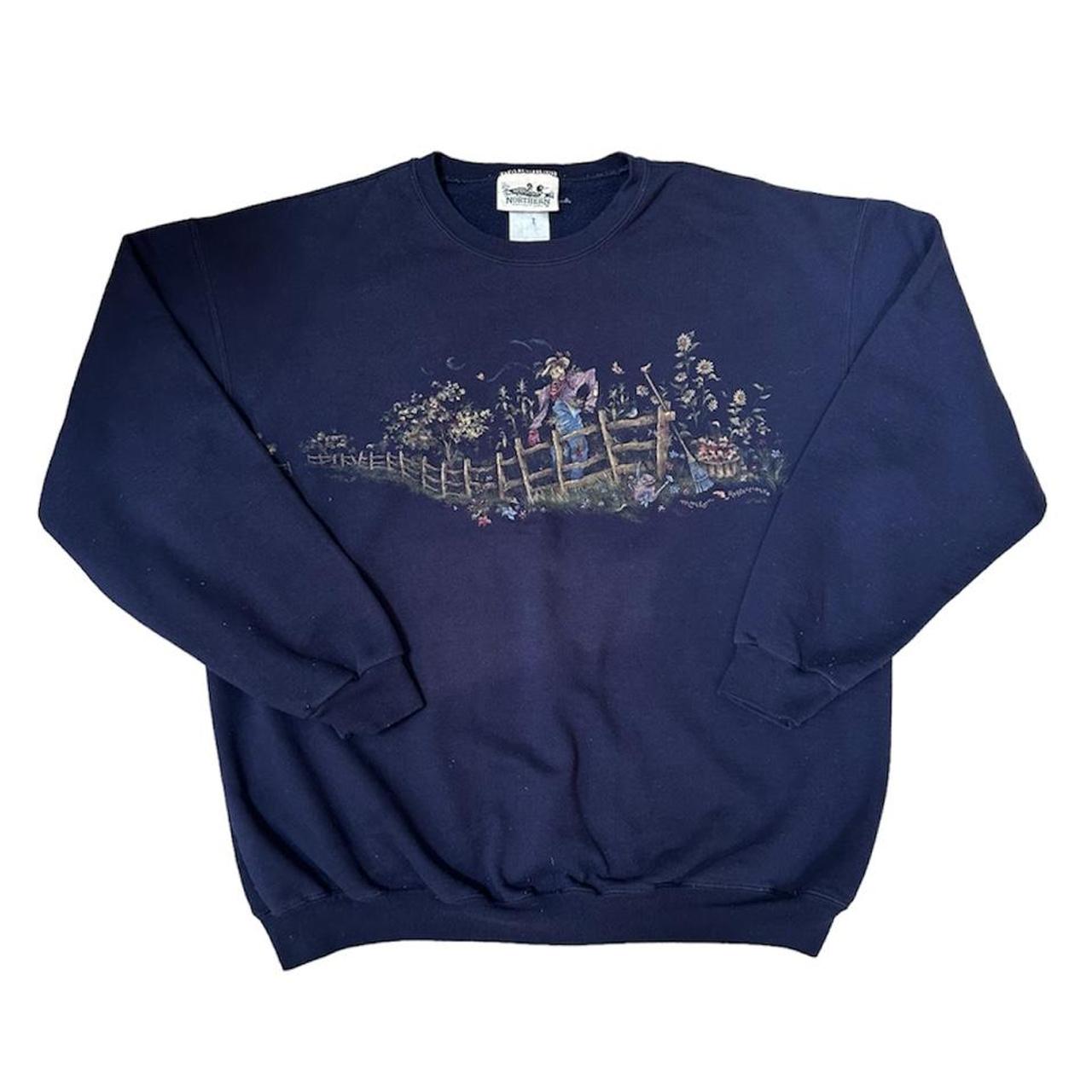 vintage 90s navy blue scarecrow floral nature double... - Depop
