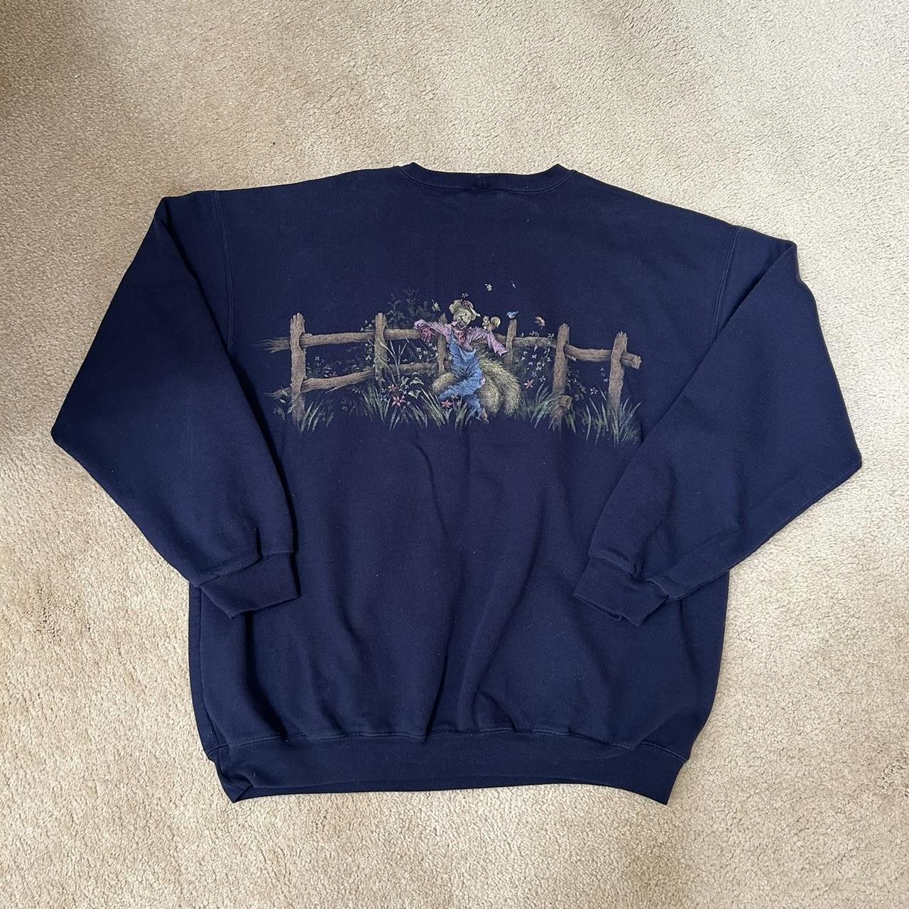 vintage 90s navy blue scarecrow floral nature double... - Depop