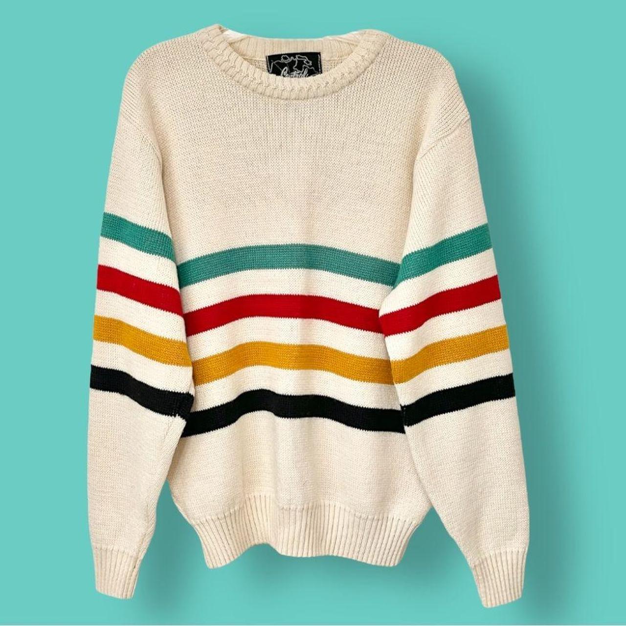 Canadian Wool Blend Sweater Ivory With Multi Stripe... - Depop