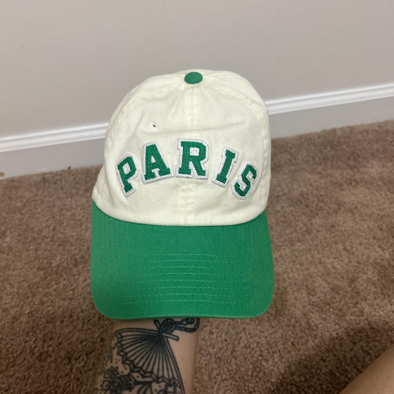 Paris Baseball hat -green and cream -bought from... - Depop