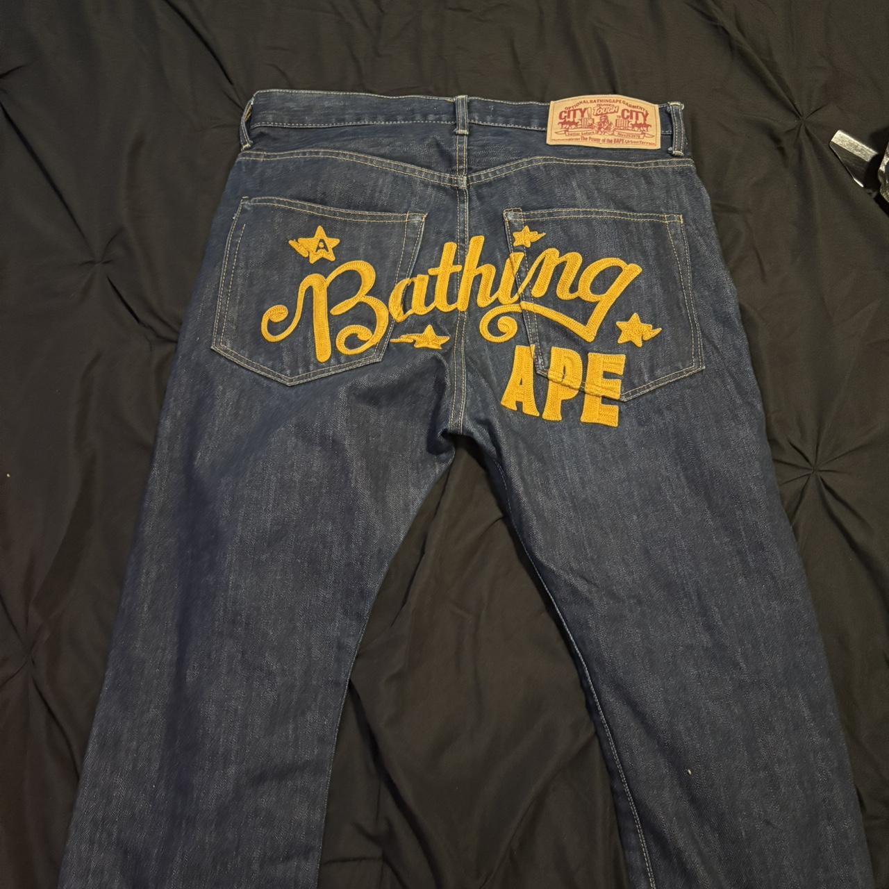 Original Dark blue bape jeans with yellow bape writing | Depop