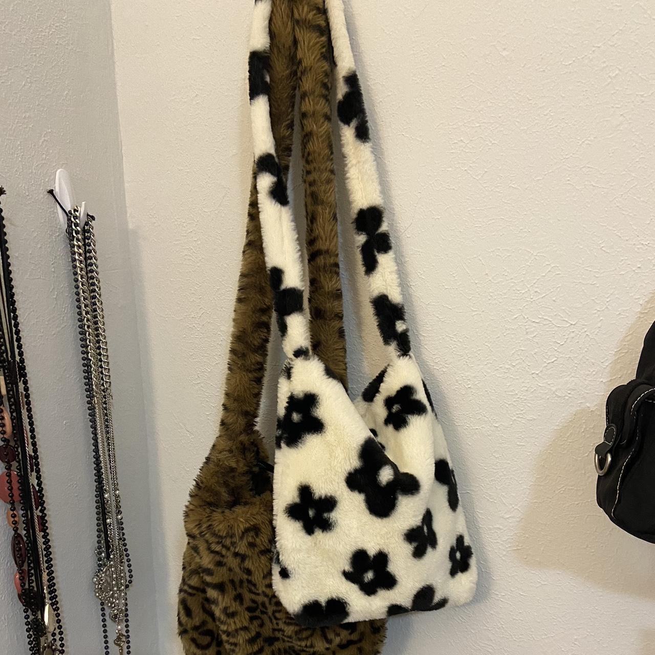 Super cute fluffy white bag with black flowers.... - Depop