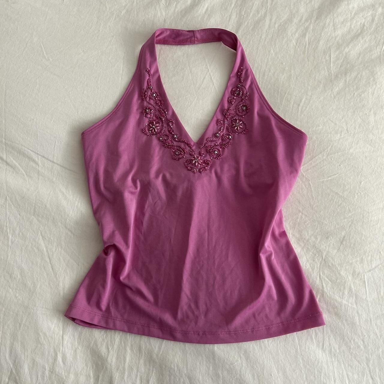 Y2k fuchsia beaded halter top💖 tagged as a medium,... - Depop
